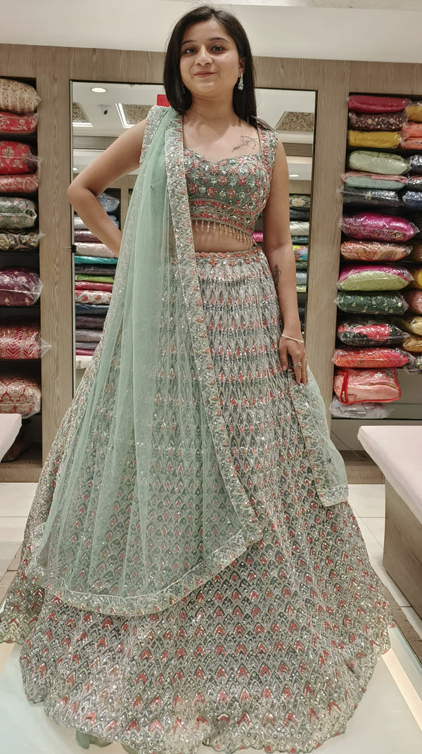 Light Pista Color Net Sequins Work Lehenga Choli – Shubhmangal