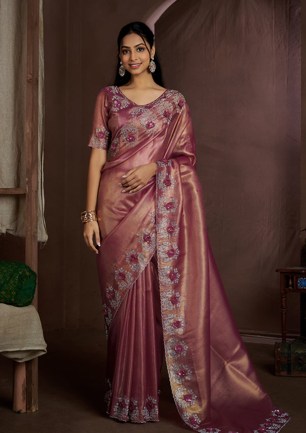 Dusty Gajari Color Silk Sequins Applique Flower Work Saree – Shubhmangal